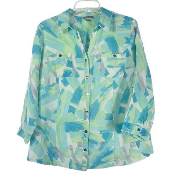 JM Collection | Tops | Blue And Green Print Linen Button Front Blouse ...